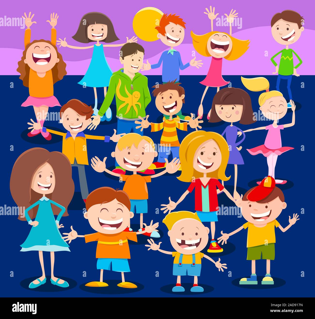 cartoon children and teens characters crowd Stock Photo - Alamy