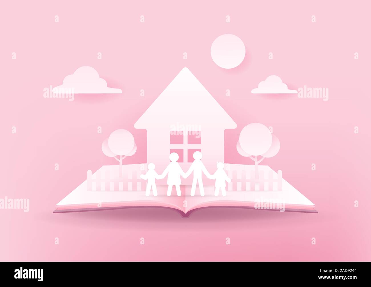 Open book of happy family. House and family paper 3d on pink background ...