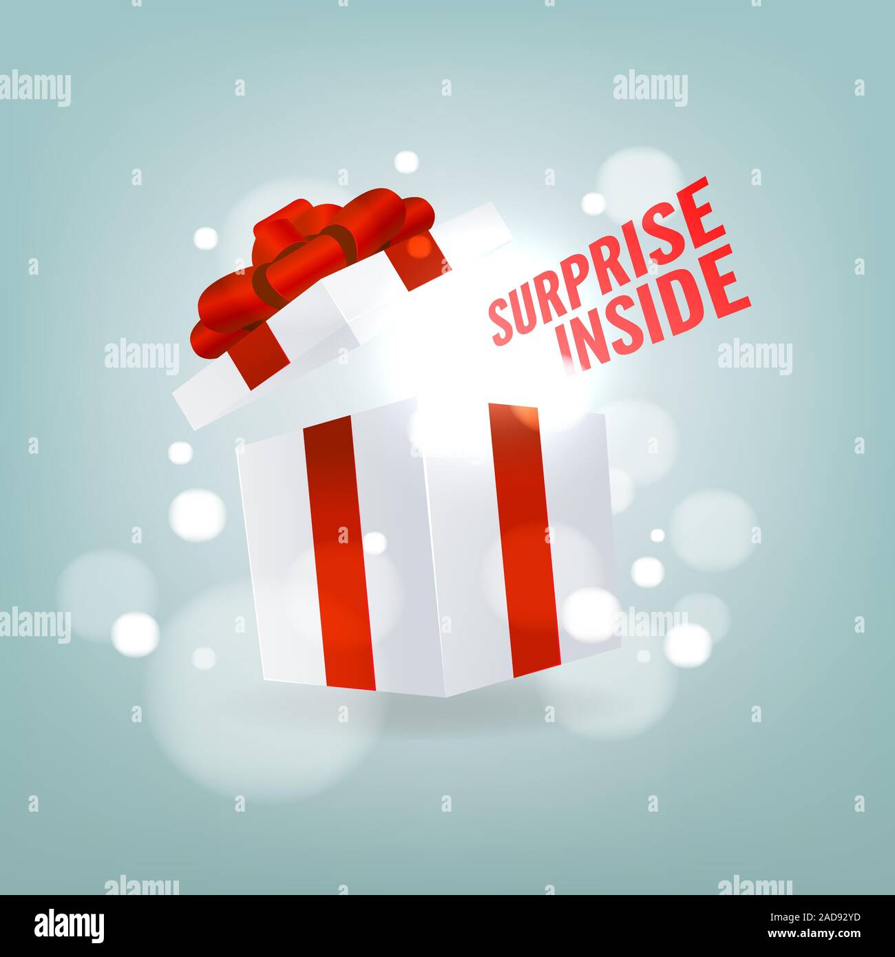 Surprise inside open gift box. Open white gift box with red ribbon and ...