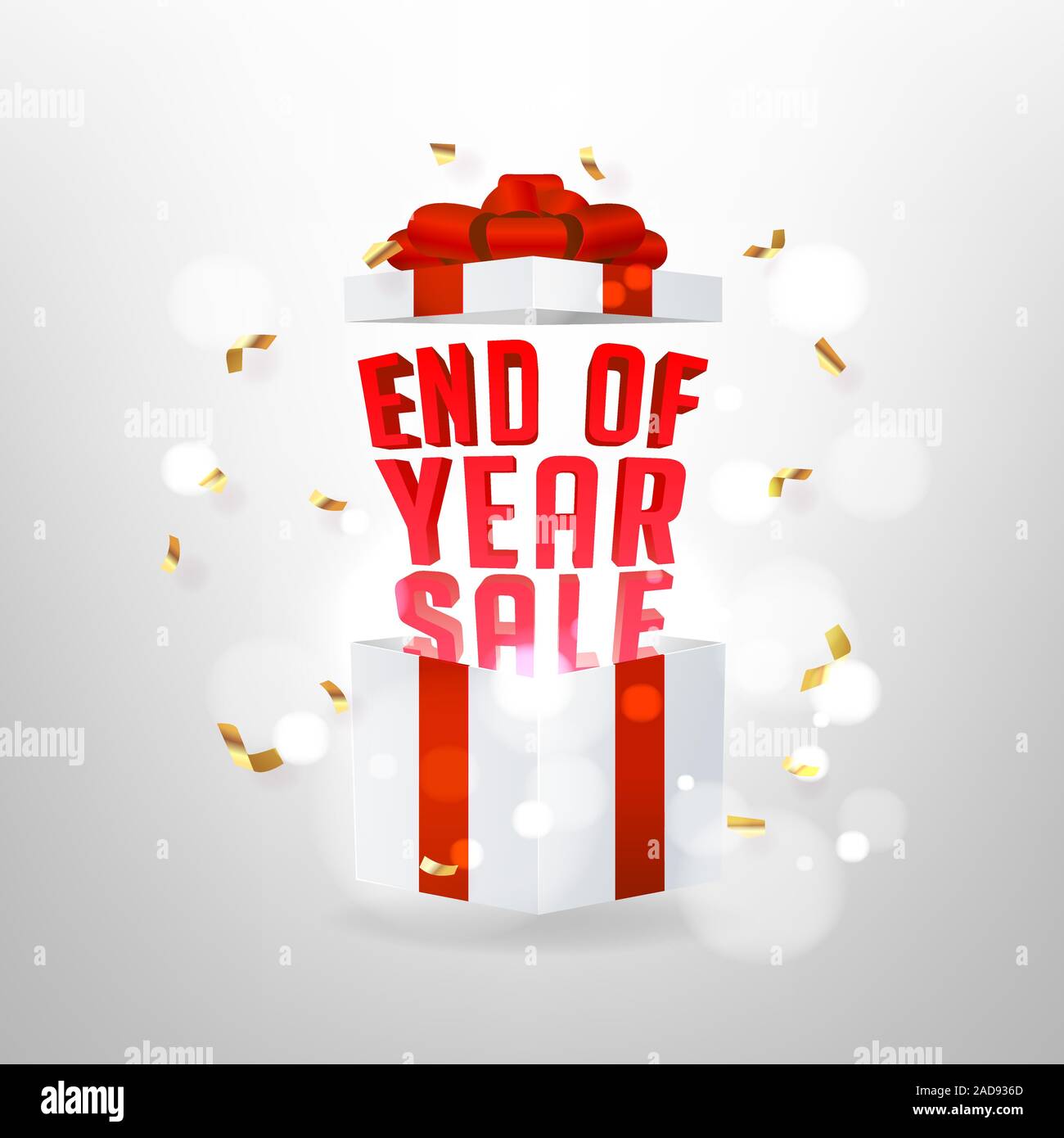 End of year sale banner. Opened gift box with red bow and magic effect ...