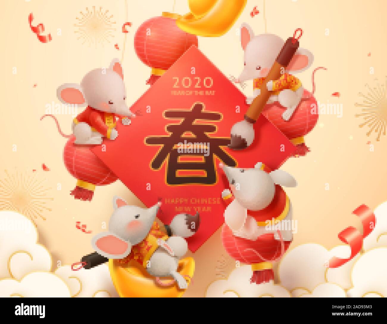 Year of the rat illustration with four cute mice writing calligraphy on ...