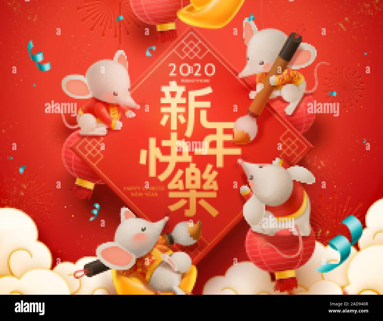 Four cute mice writing calligraphy on doufang together, Chinese text ...