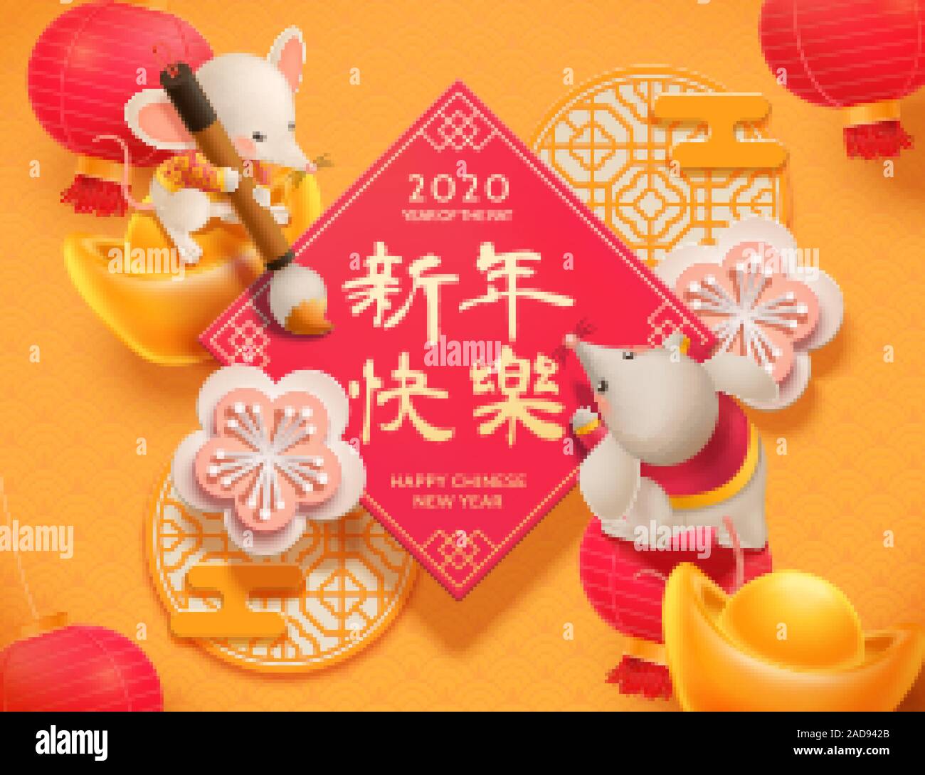 Cute mice writing calligraphy on doufang over wave pattern yellow ...