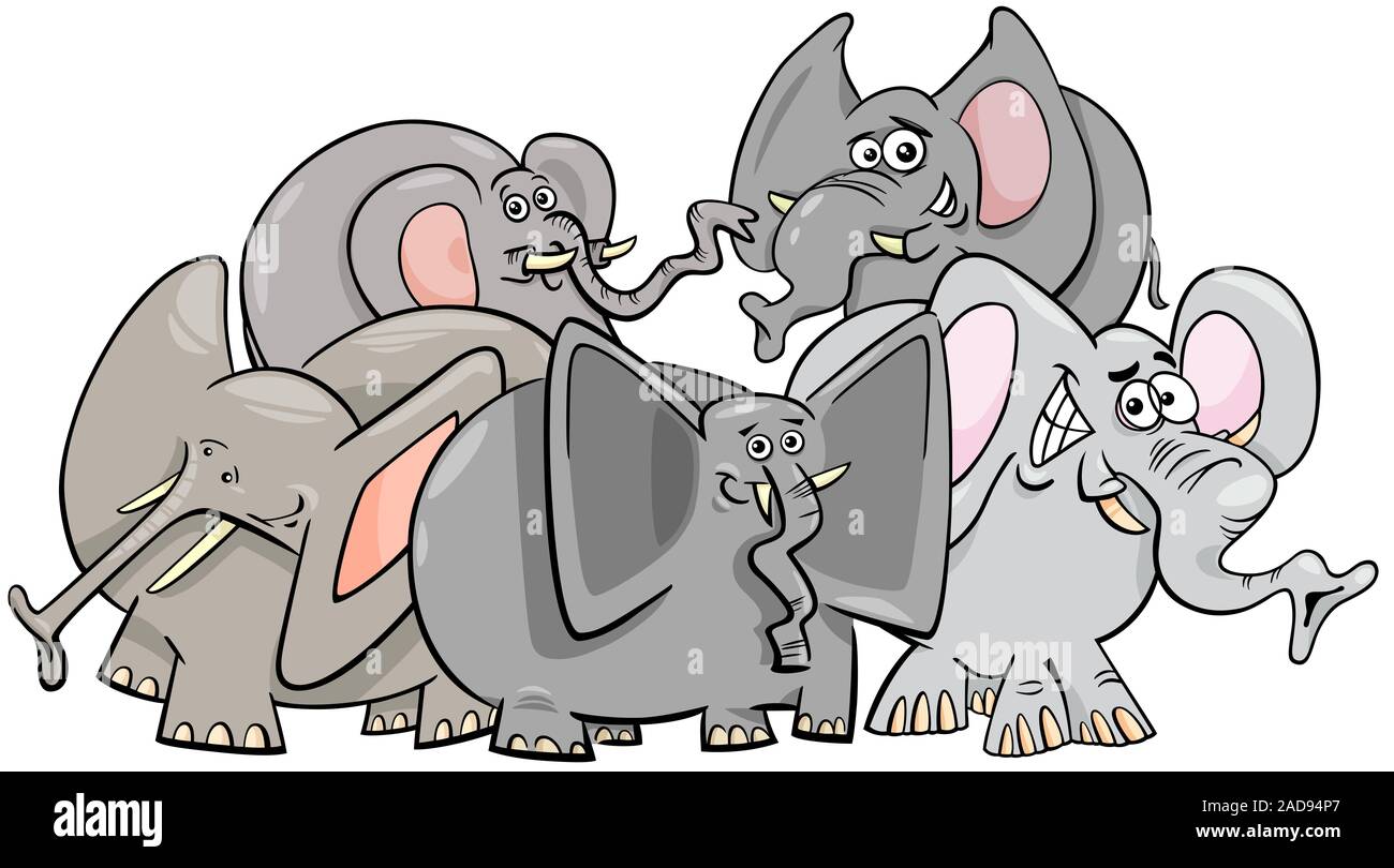 happy elephants cartoon character group Stock Photo - Alamy