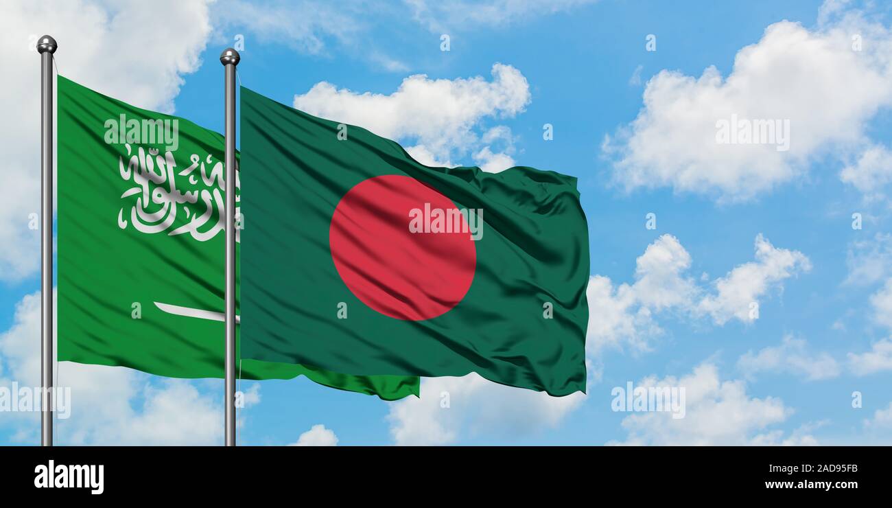 Saudi Arabia and Bangladesh flag waving in the wind against white ...