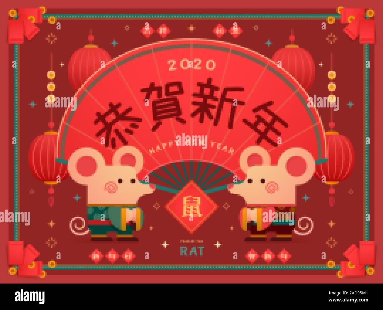 Lovely year of the rat flat cartoon style with two mice greeting to ...