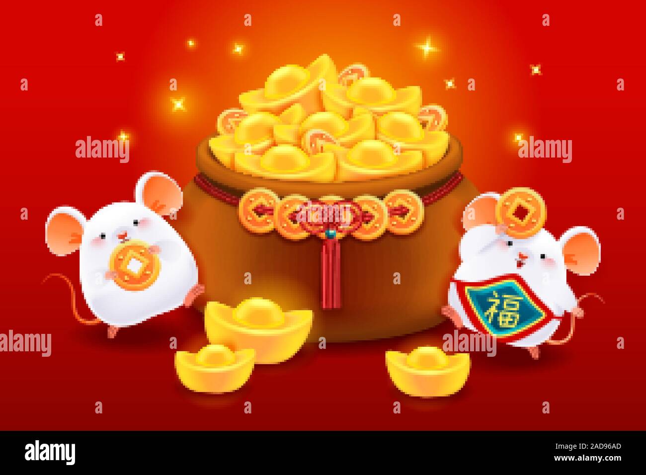 Lovely chubby white mice with a bag of golden ingots and coins on red ...