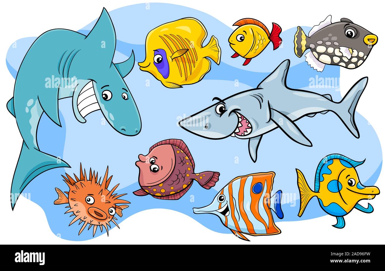 fish marine animal cartoon characters group Stock Photo - Alamy