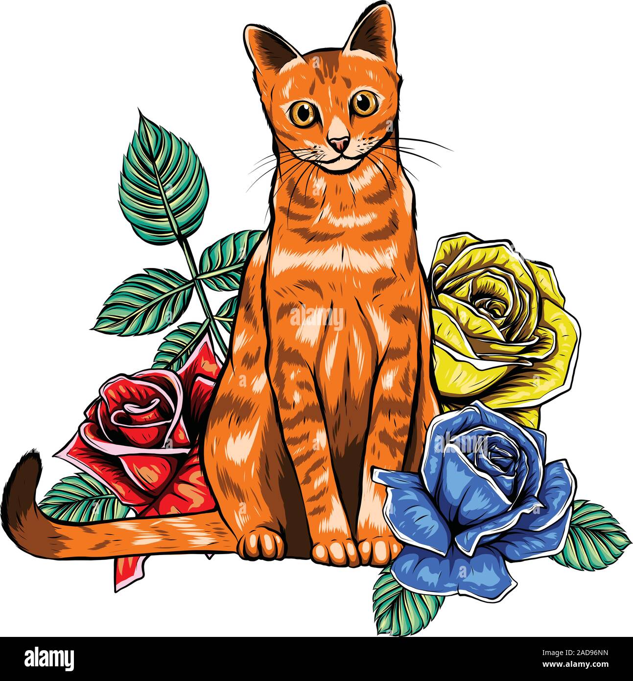 Vector Color Cat Roses Illustration on white background Stock Vector ...