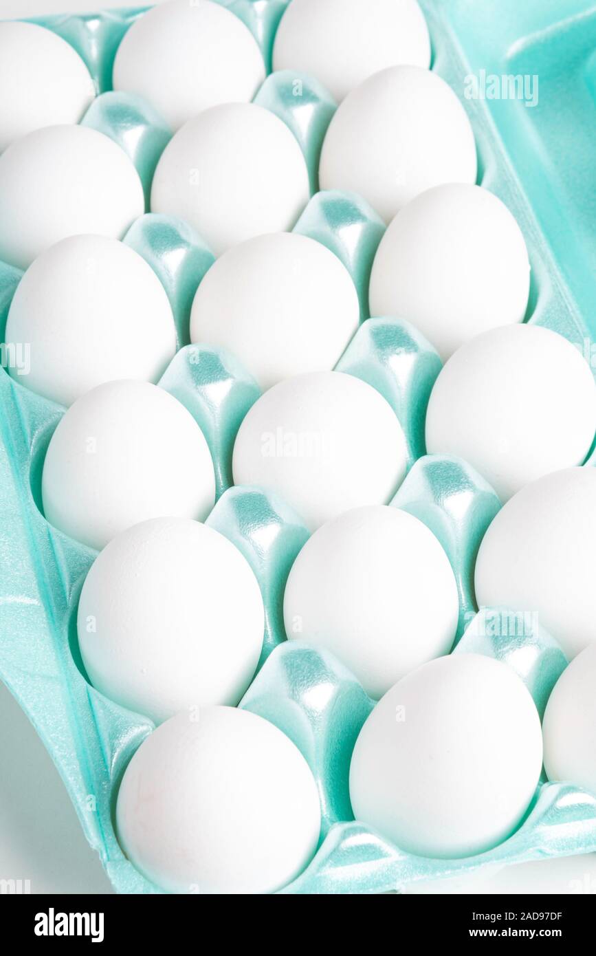 A close-up shot of a bright green styrofoam crate full of white eggs ...