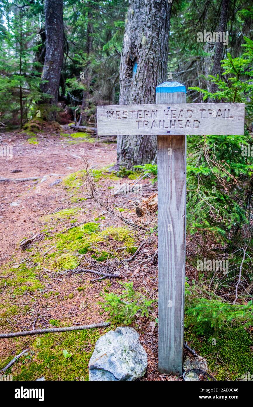 A description board for the trail in Acadia National Park, Maine Stock ...