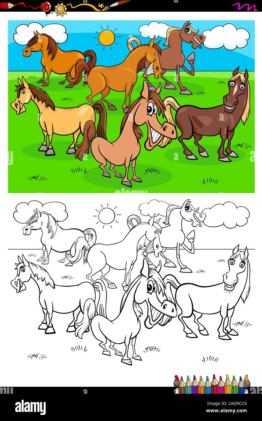 horses farm animal characters group color book Stock Photo - Alamy