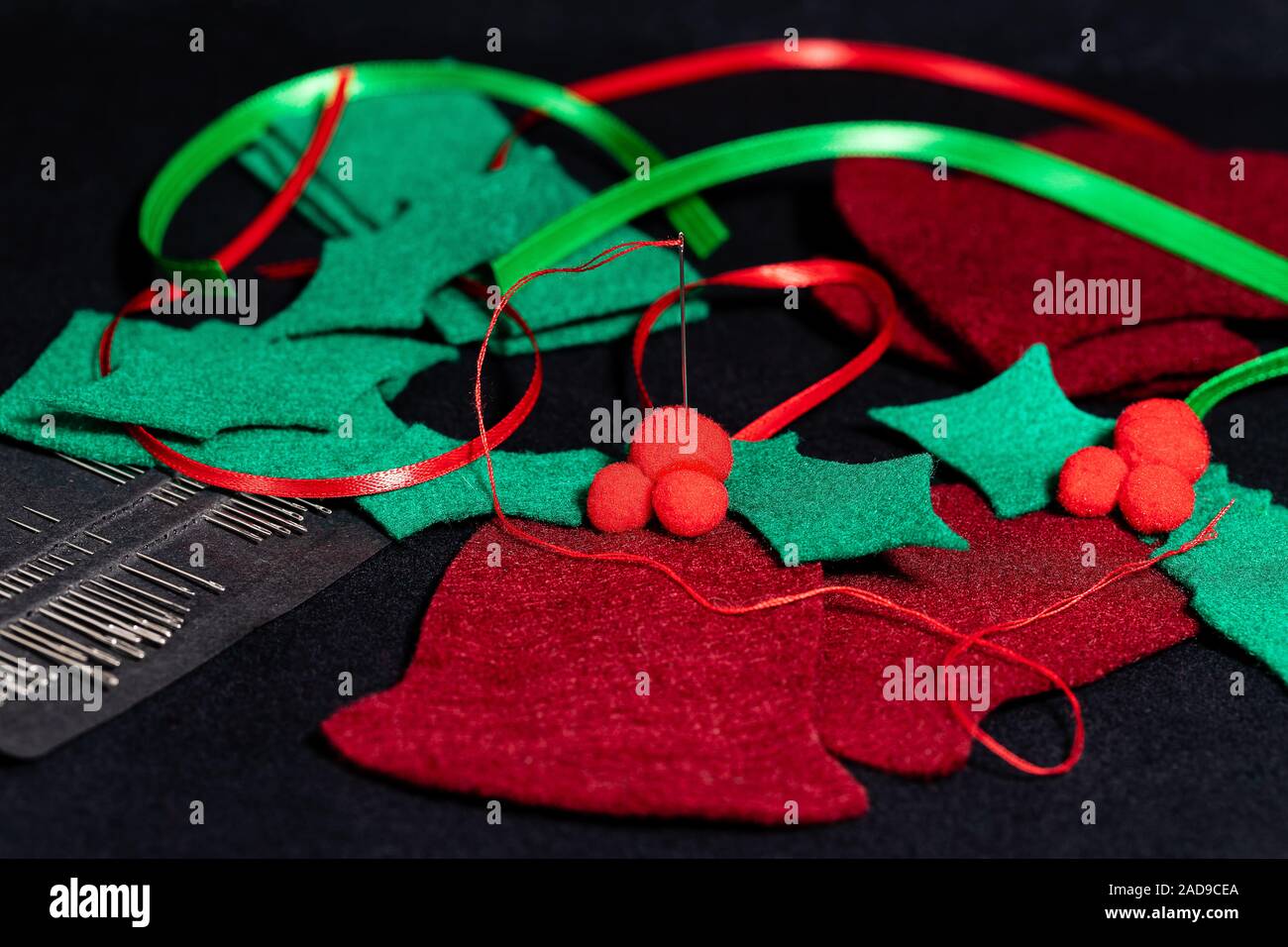 Making felt Red Christmas Bells with holly Leaves and ribbon hangers ...