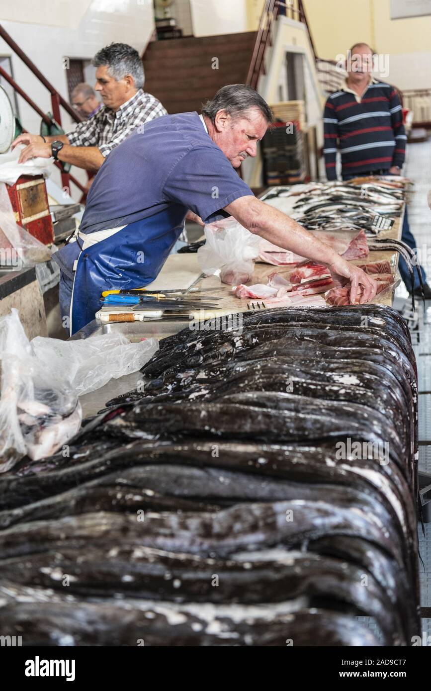 black scabbardfish, fish market, market hall, Funchal, Madeira ...
