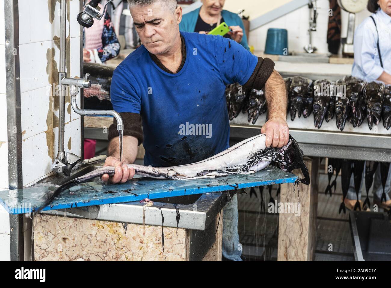 black scabbardfish, fish market, market hall, Funchal, Madeira ...