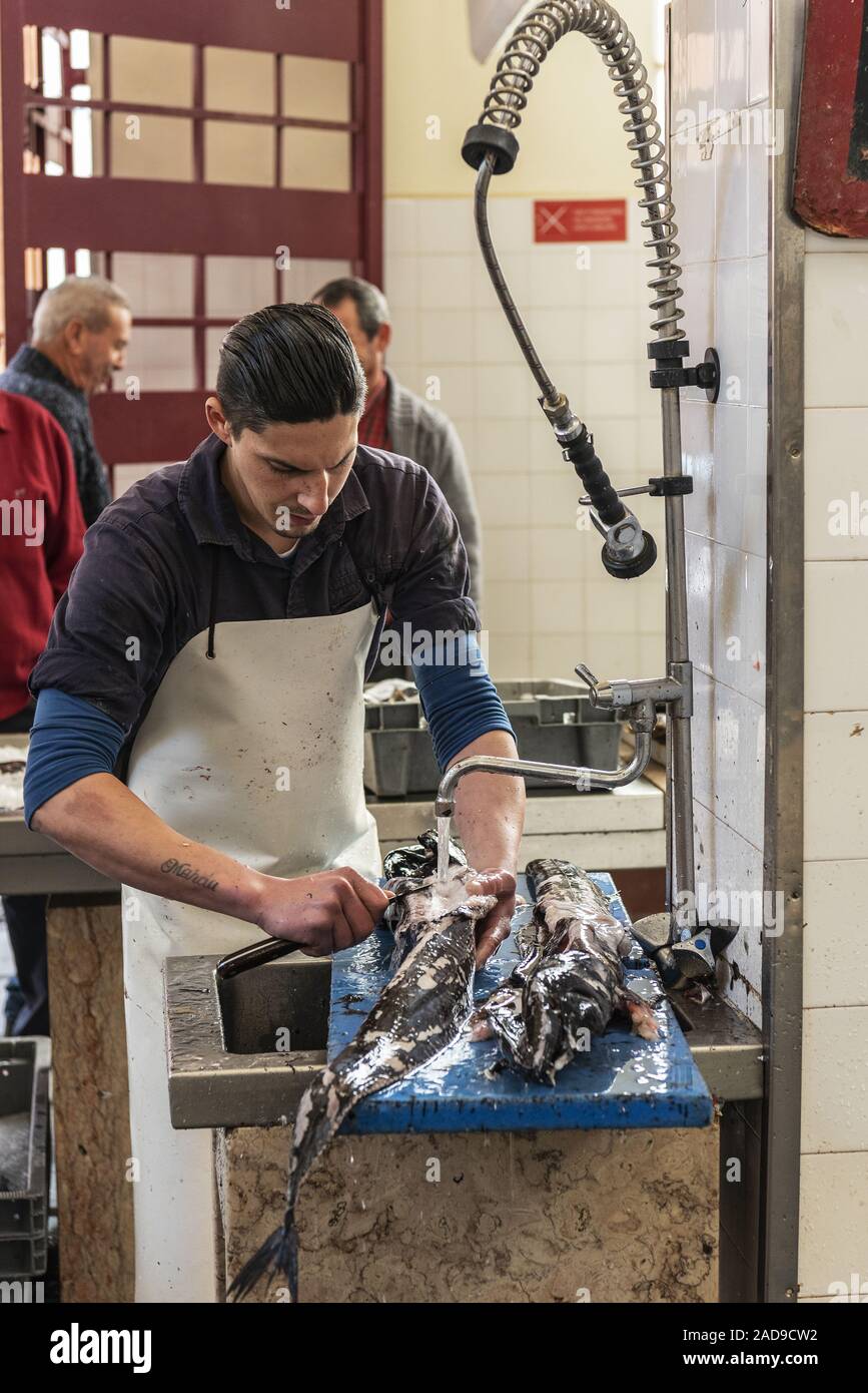 black scabbardfish, fish market, market hall, Funchal, Madeira ...