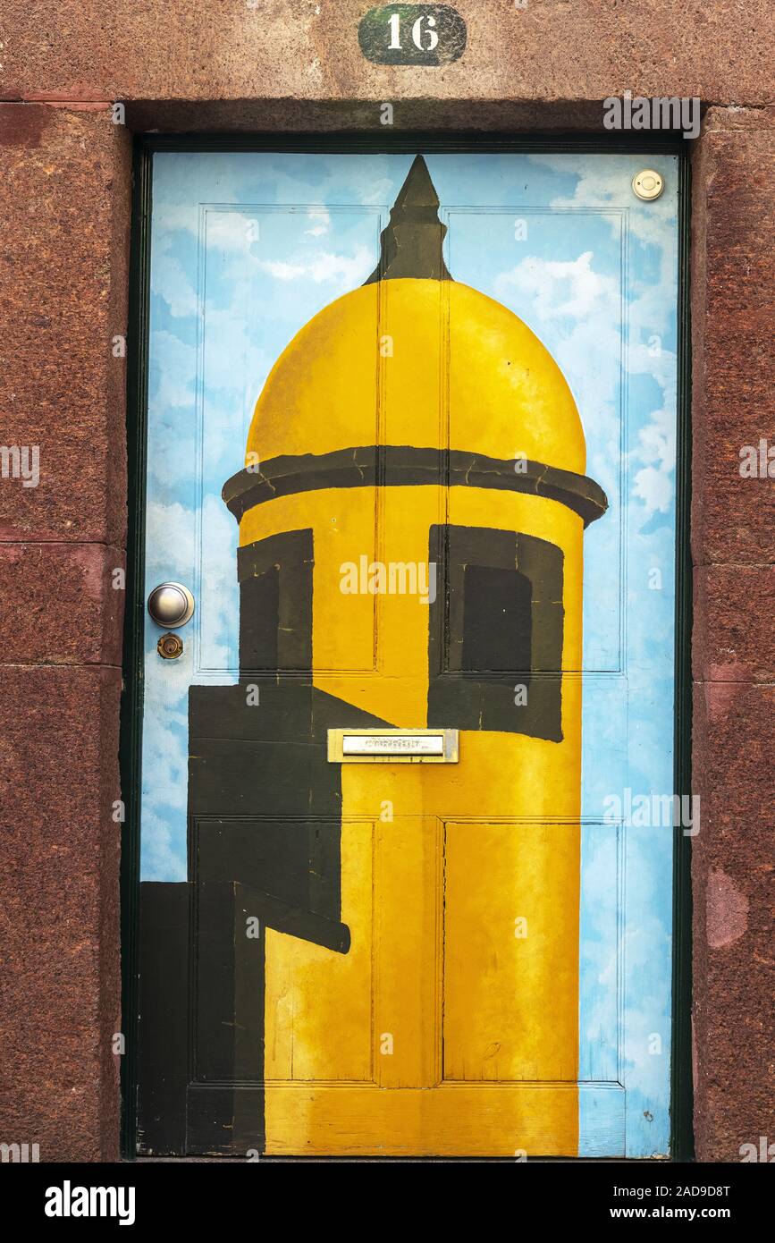 watchtower, castle, painted front door, Funchal, Madeira, Portugal ...
