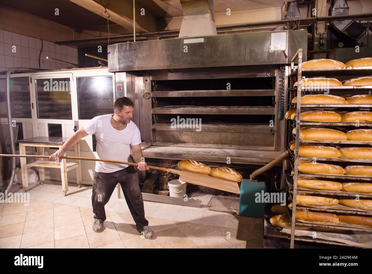 bakery worker taking out freshly baked breads Stock Photo - Alamy