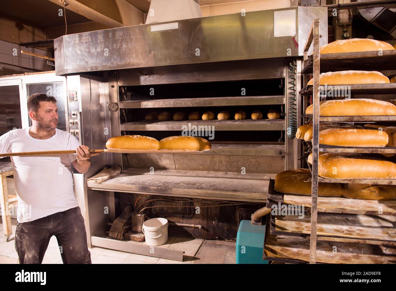 bakery worker taking out freshly baked breads Stock Photo - Alamy
