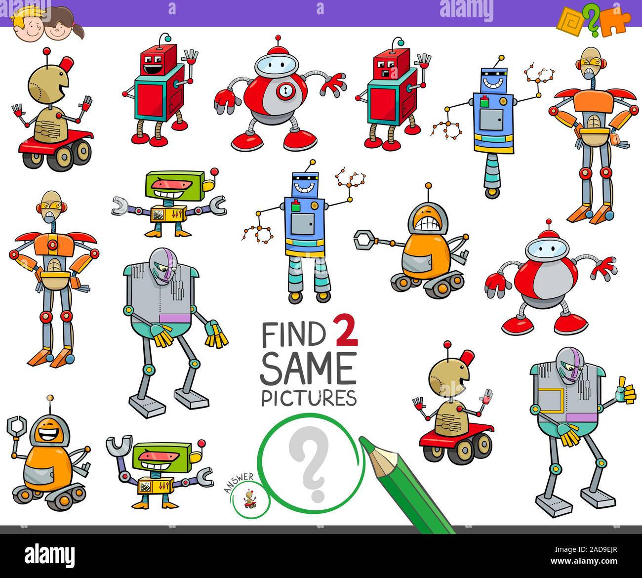 find two same robot characters game for kids Stock Photo - Alamy
