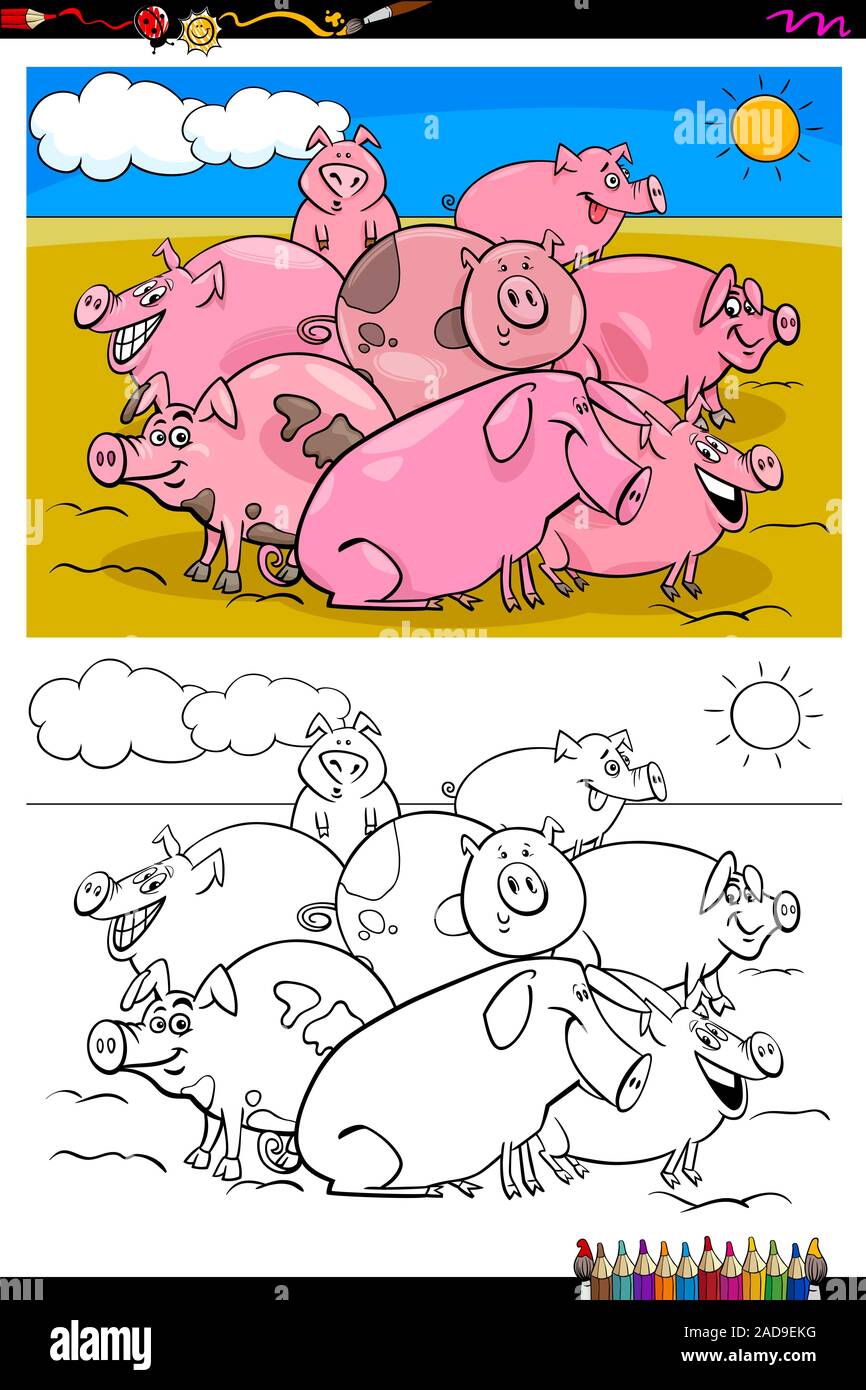 pigs farm animal characters group color book Stock Photo - Alamy