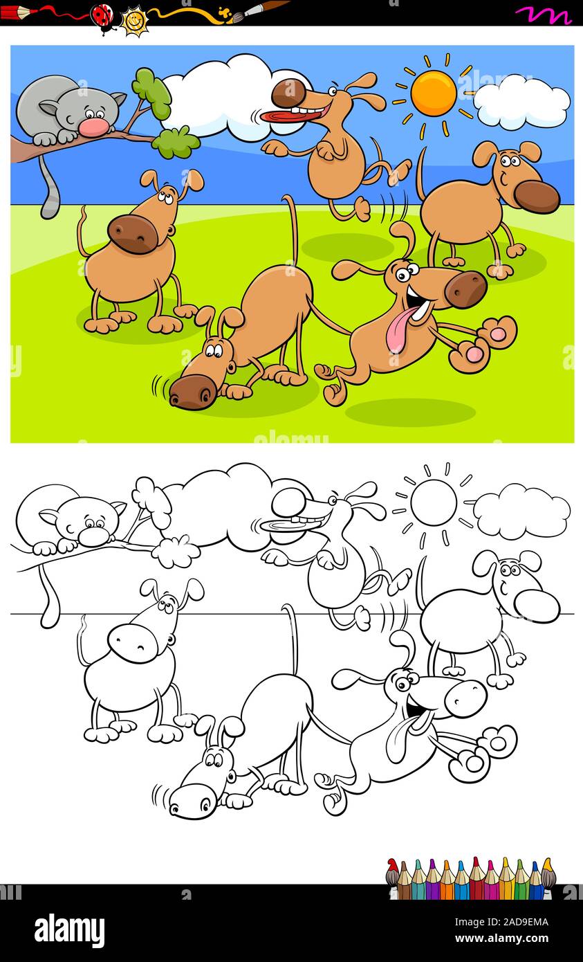 dogs in the park group coloring book Stock Photo - Alamy