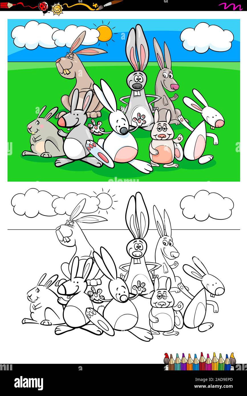 rabbits animal characters group coloring book Stock Photo - Alamy