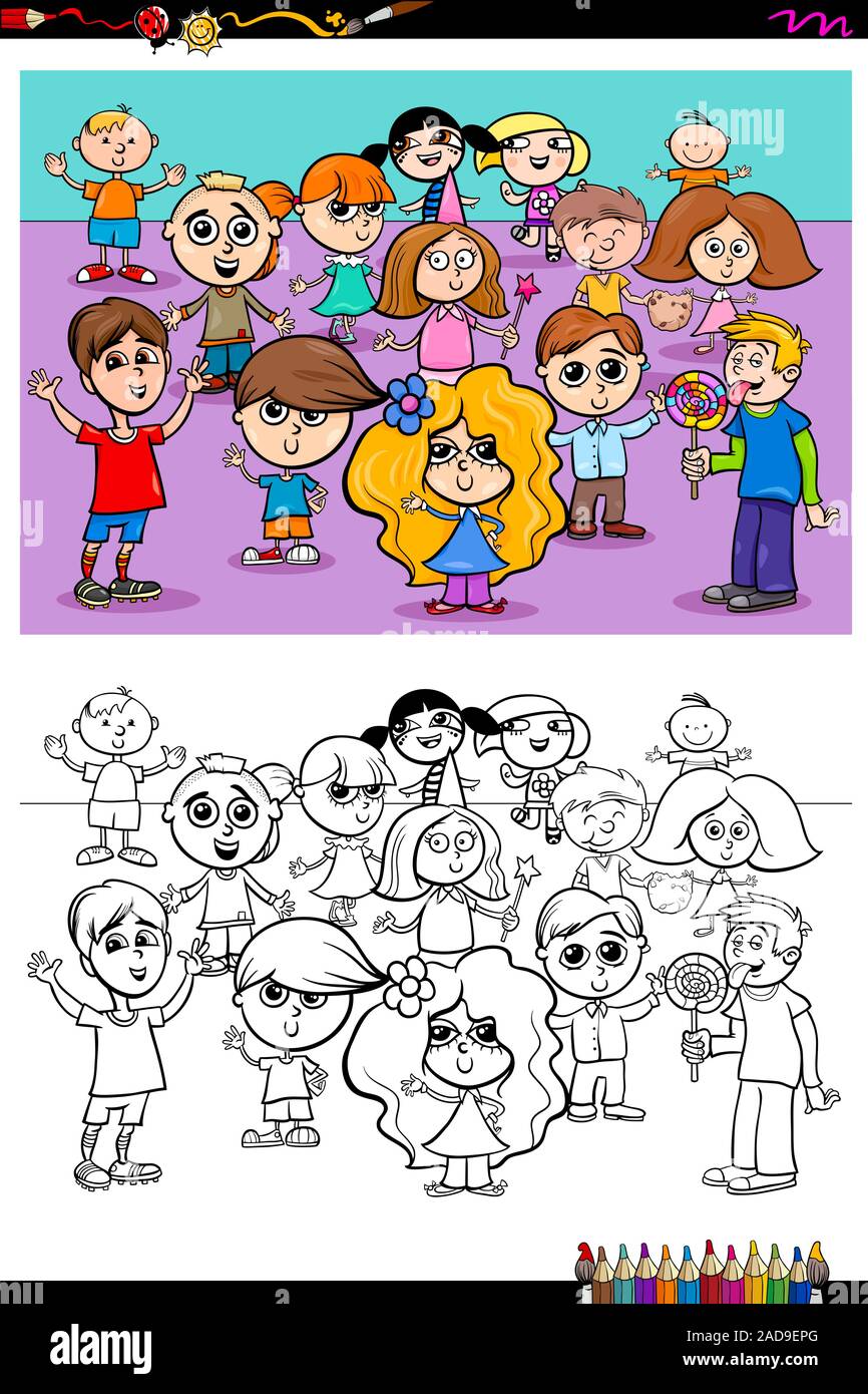 happy kids characters group coloring book Stock Photo - Alamy