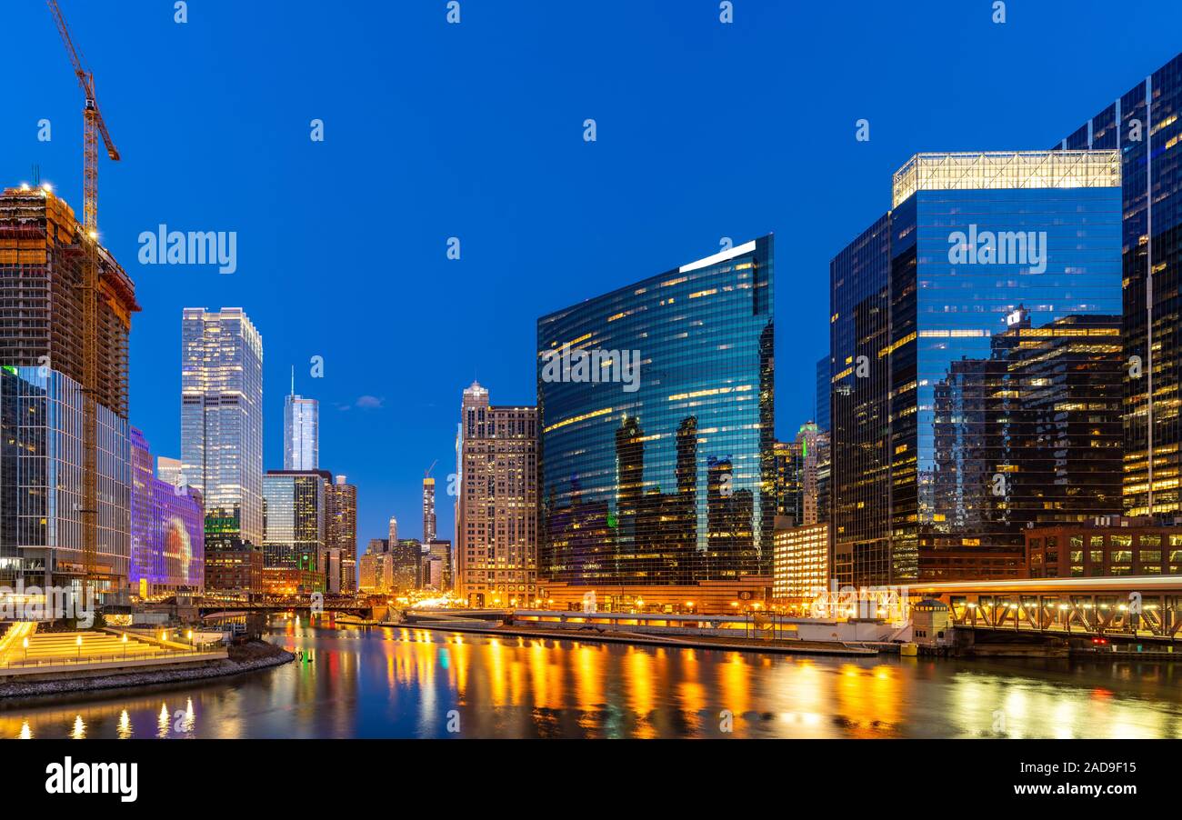 Chicago downtown night sunset panorama Stock Photo - Alamy