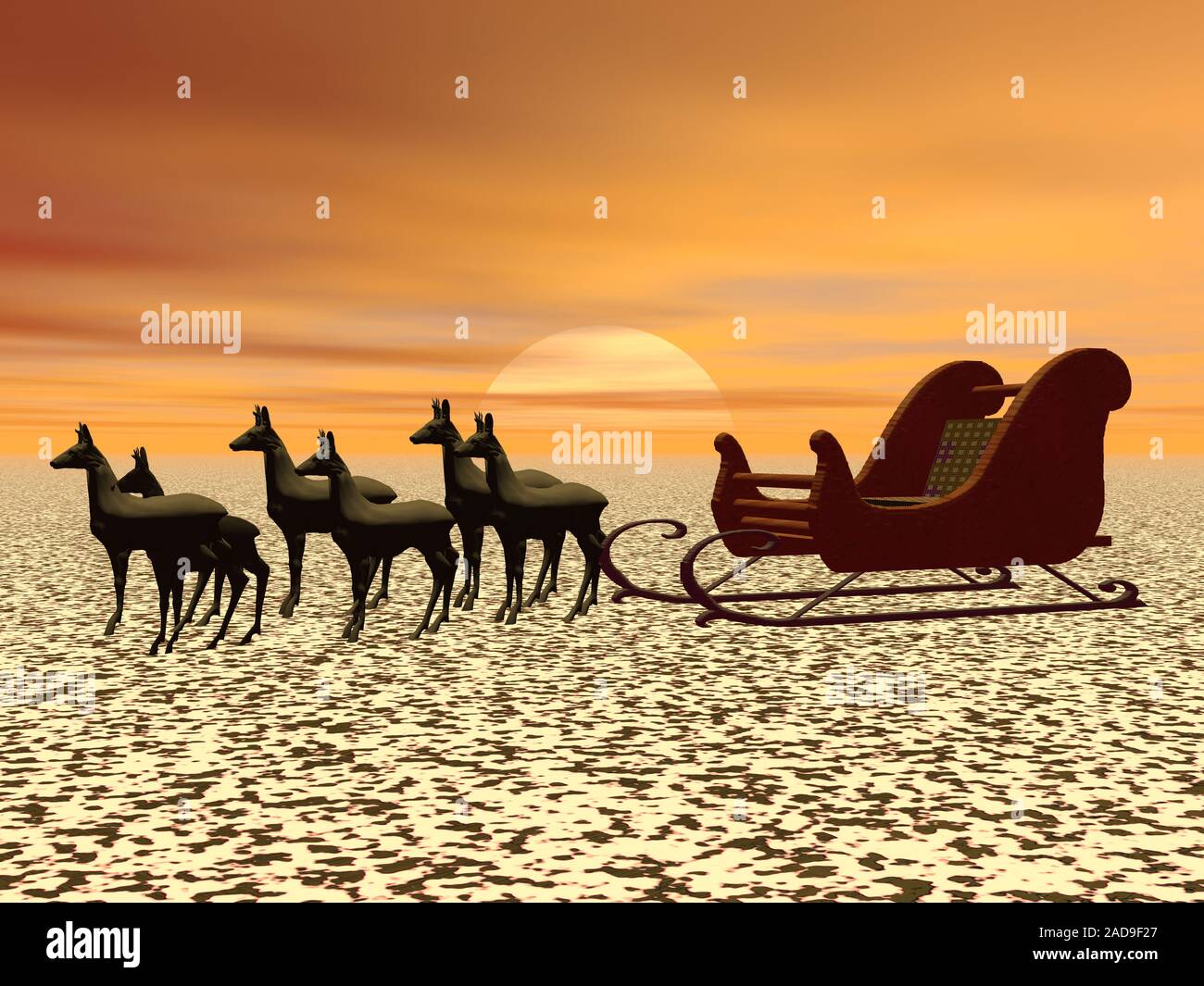 Christmas sleigh with reindeer at sunset Stock Photo - Alamy