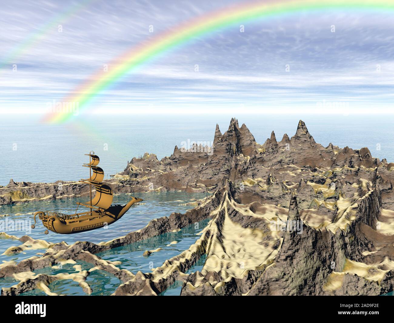 Sailing ship in the bay Stock Photo - Alamy