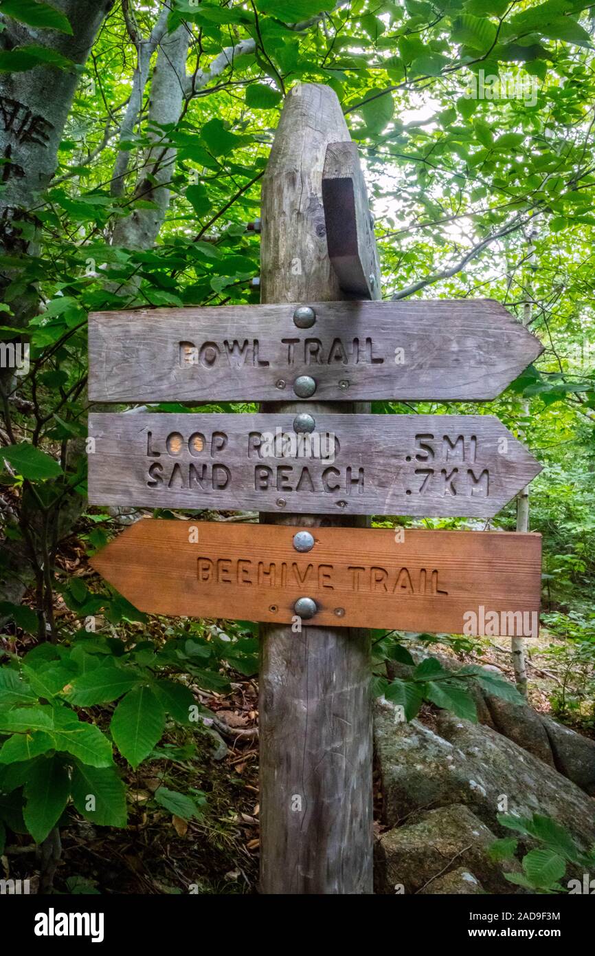 A description board for the trail in Acadia National Park, Maine Stock ...