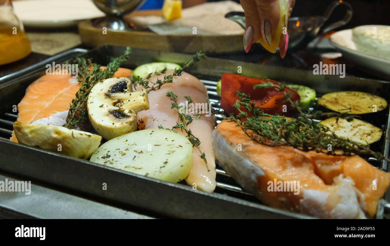 Grilled fish, grilled salmon steak, chicken, aromatic spices and ...
