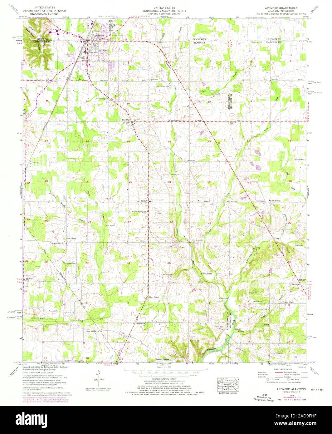 USGS TOPO Map Tennessee AL Ardmore 303130 1958 24000 Restoration Stock ...