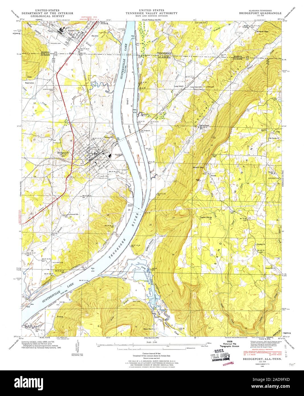 USGS TOPO Map Tennessee AL Bridgeport 303332 1945 24000 Restoration ...