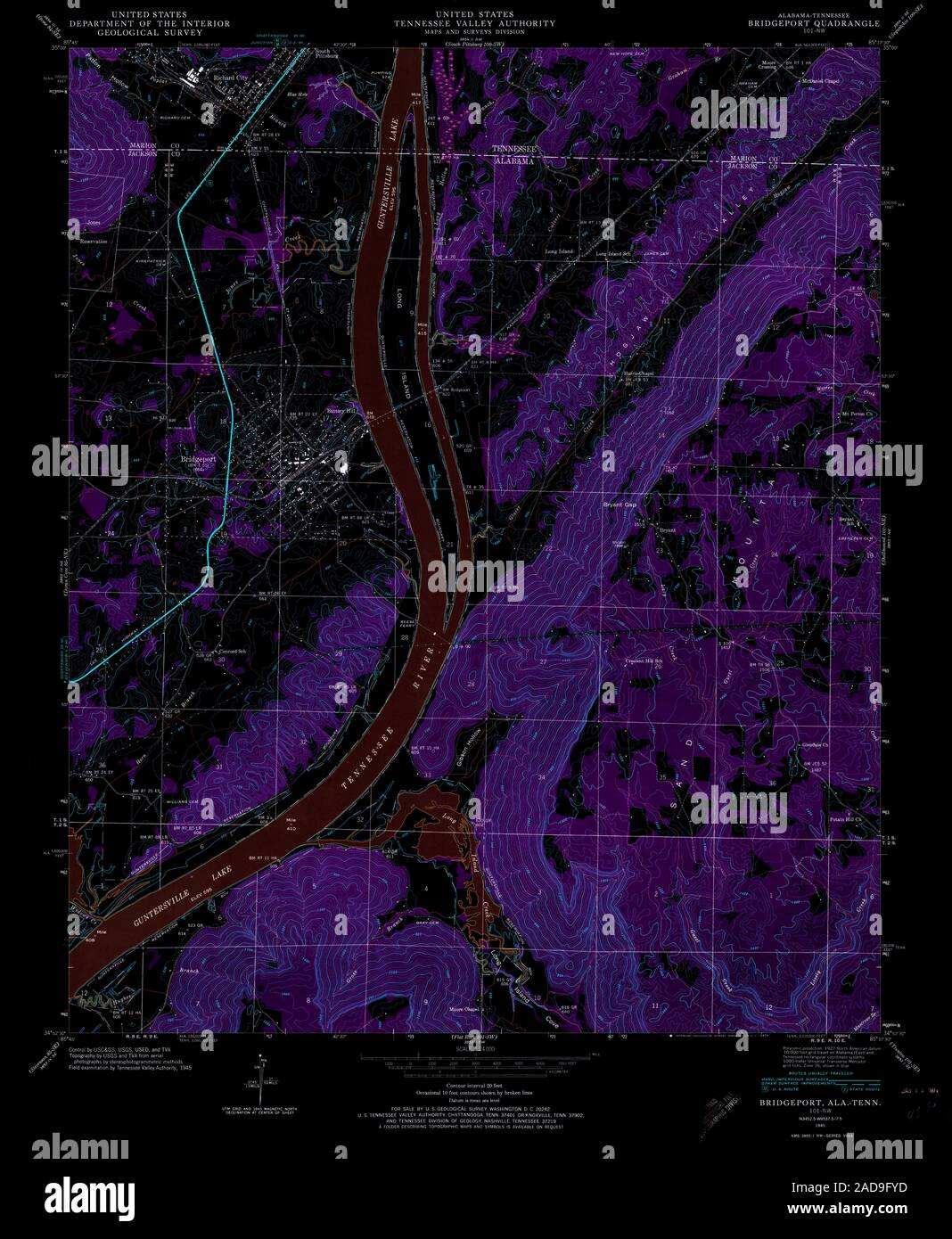 USGS TOPO Map Tennessee AL Bridgeport 303333 1945 24000 Inverted ...
