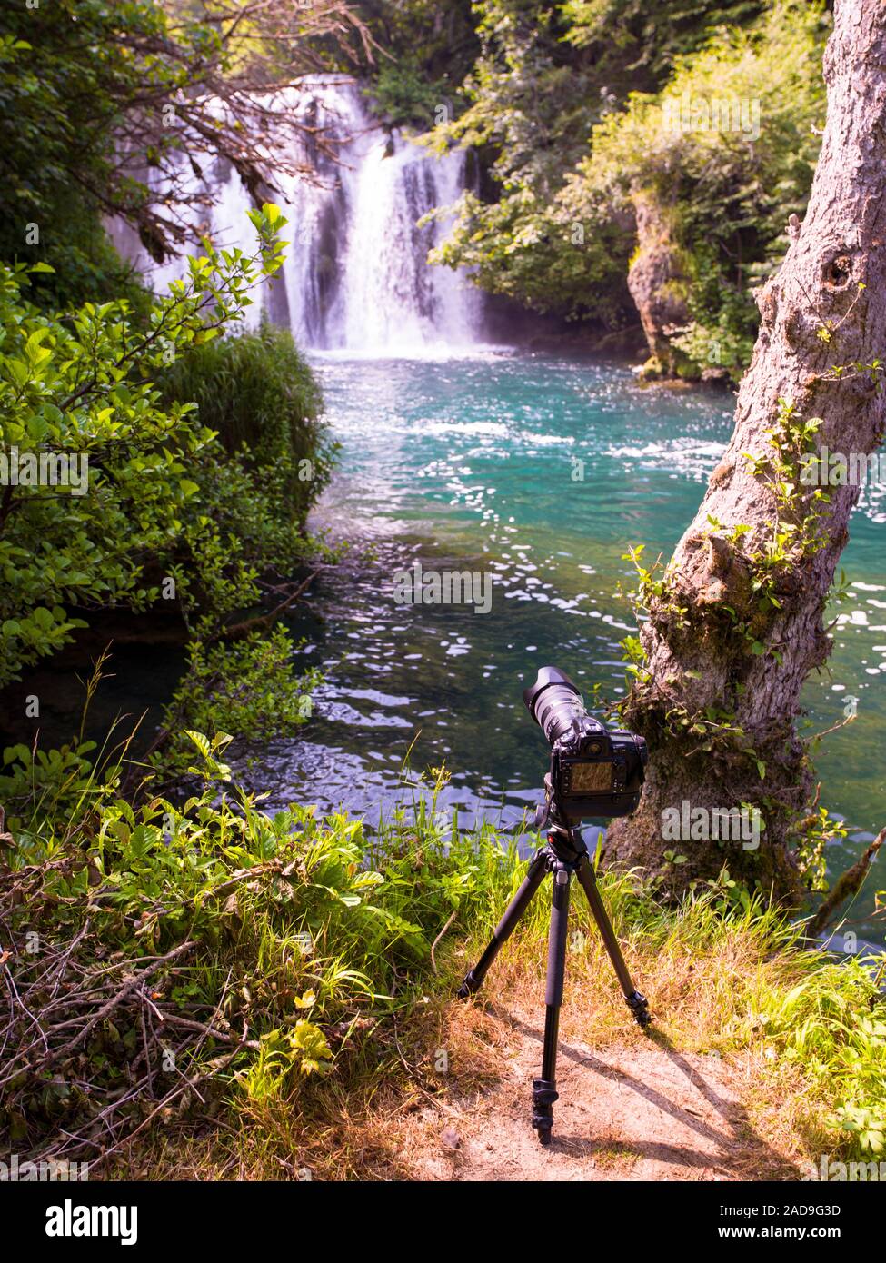 profesional DSLR camera on a tripod at beautiful waterfall Stock Photo ...