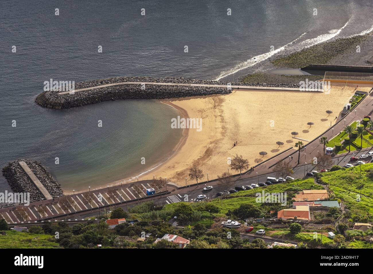 sandy beach, coastal town, Machico, Madeira, Portugal, Europe Stock ...