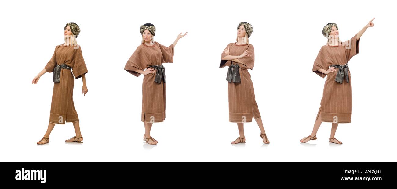 Woman wearing medieval arab clothing on white Stock Photo - Alamy