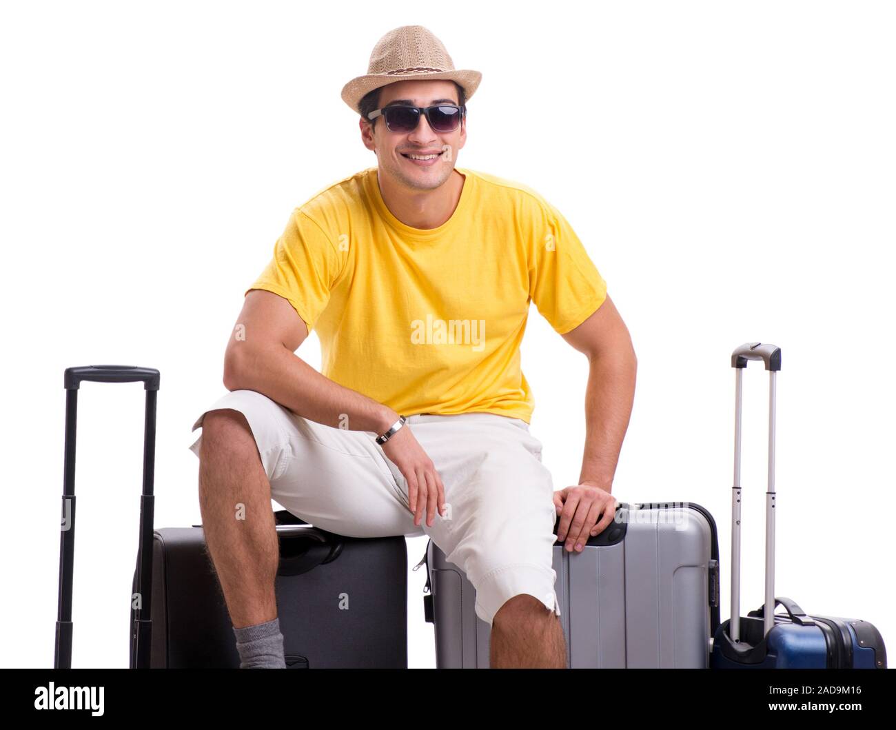 Happy young man going on summer vacation isolated on white Stock Photo ...