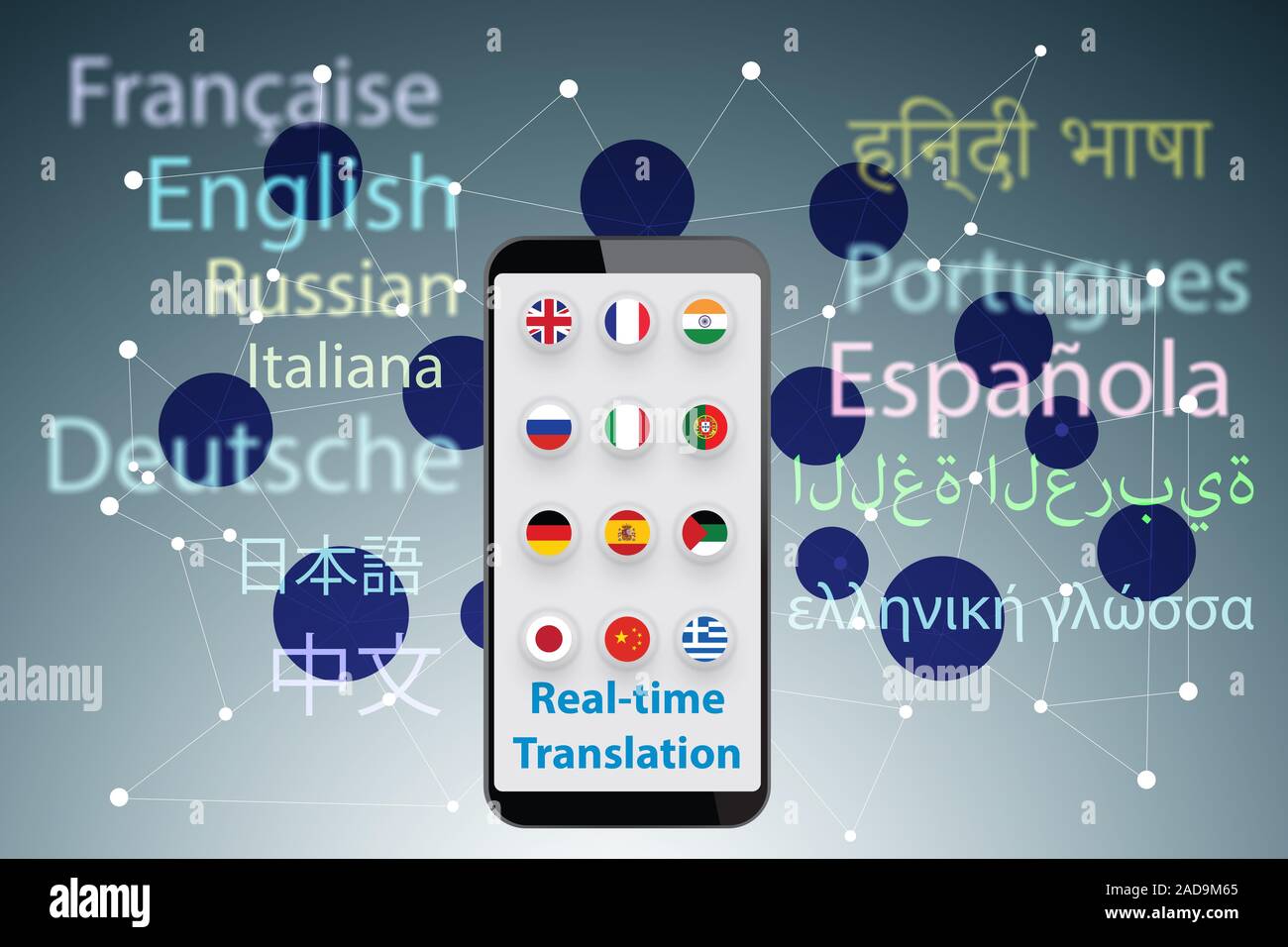Concept of real time translation with smartphone app - 3d render Stock ...