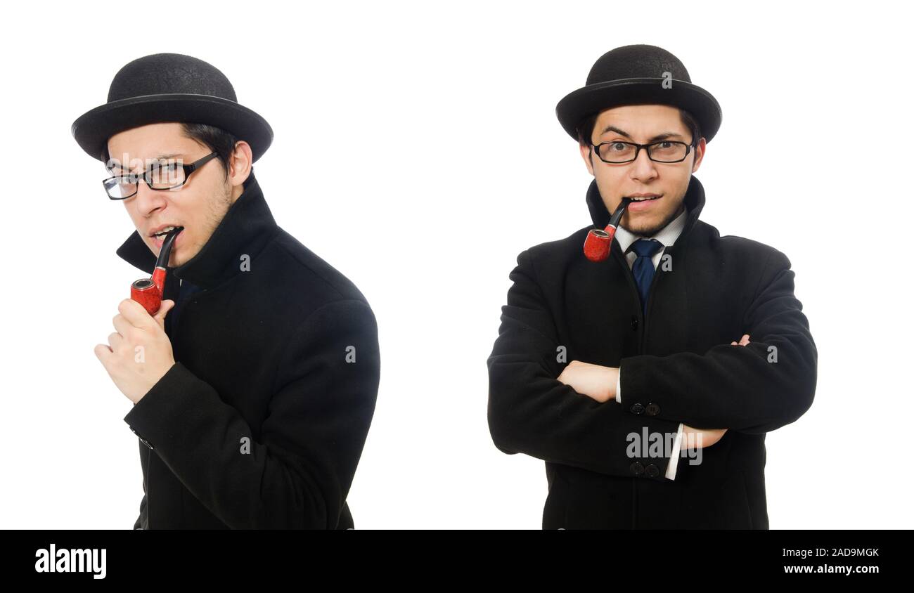 Sherlock Holmes with smoking pipe isolated on white Stock Photo - Alamy