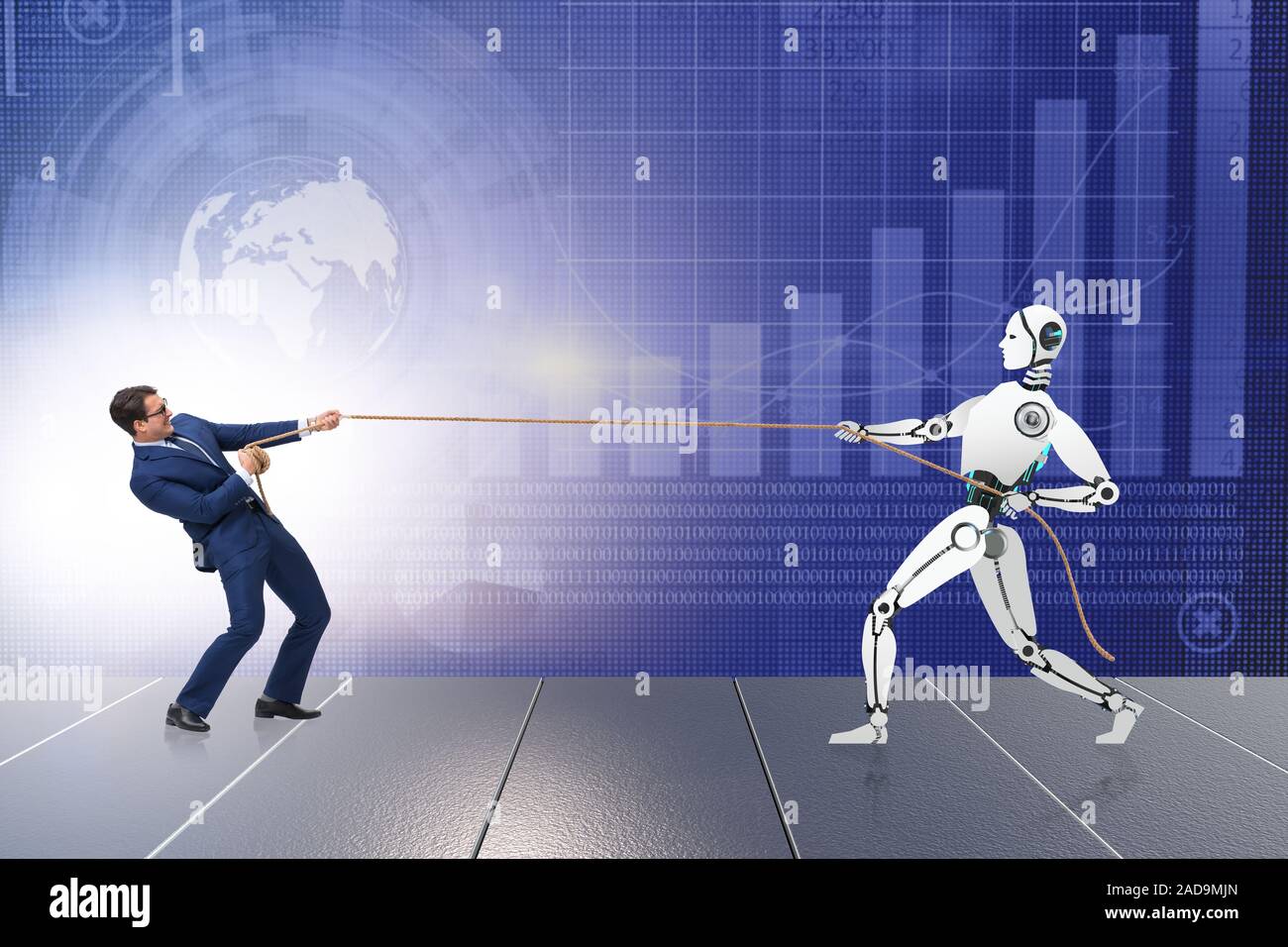 Competition between humans and robots in tug of war concept Stock Photo ...
