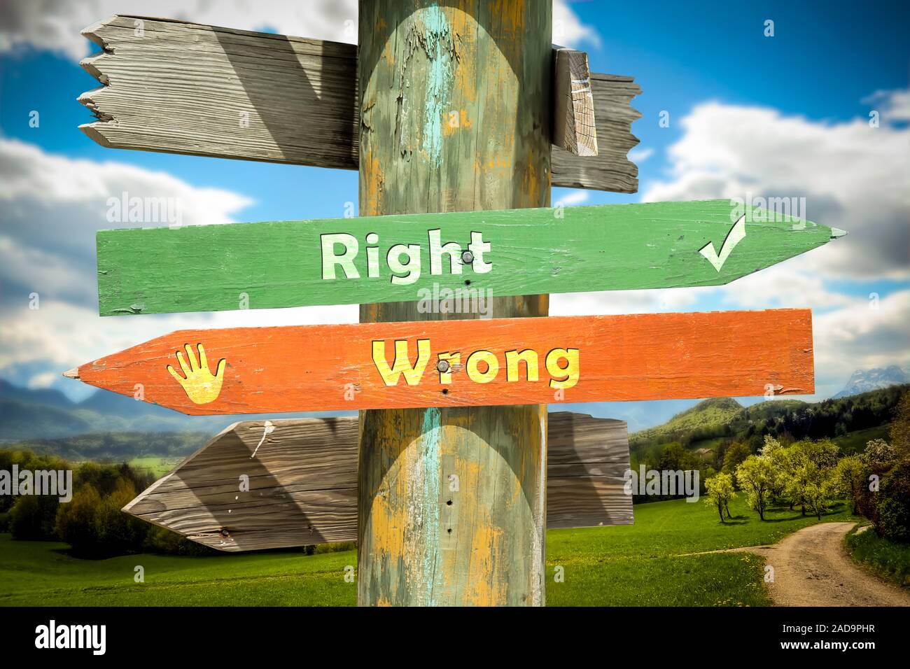 Street Sign to Right versus Wrong Stock Photo - Alamy