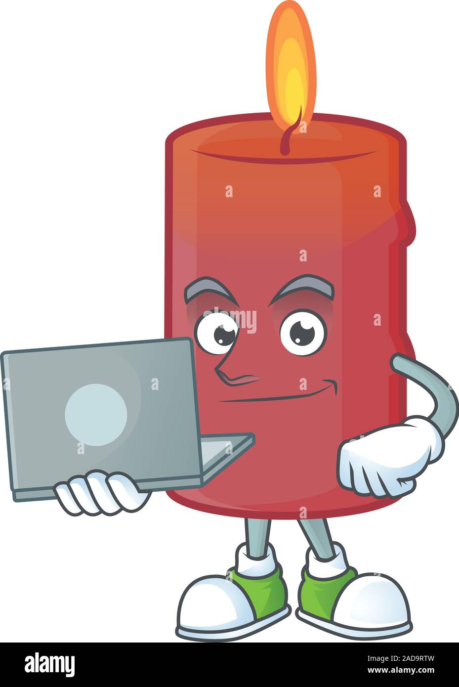 Happy smiling red candle cartoon character working with laptop Stock ...