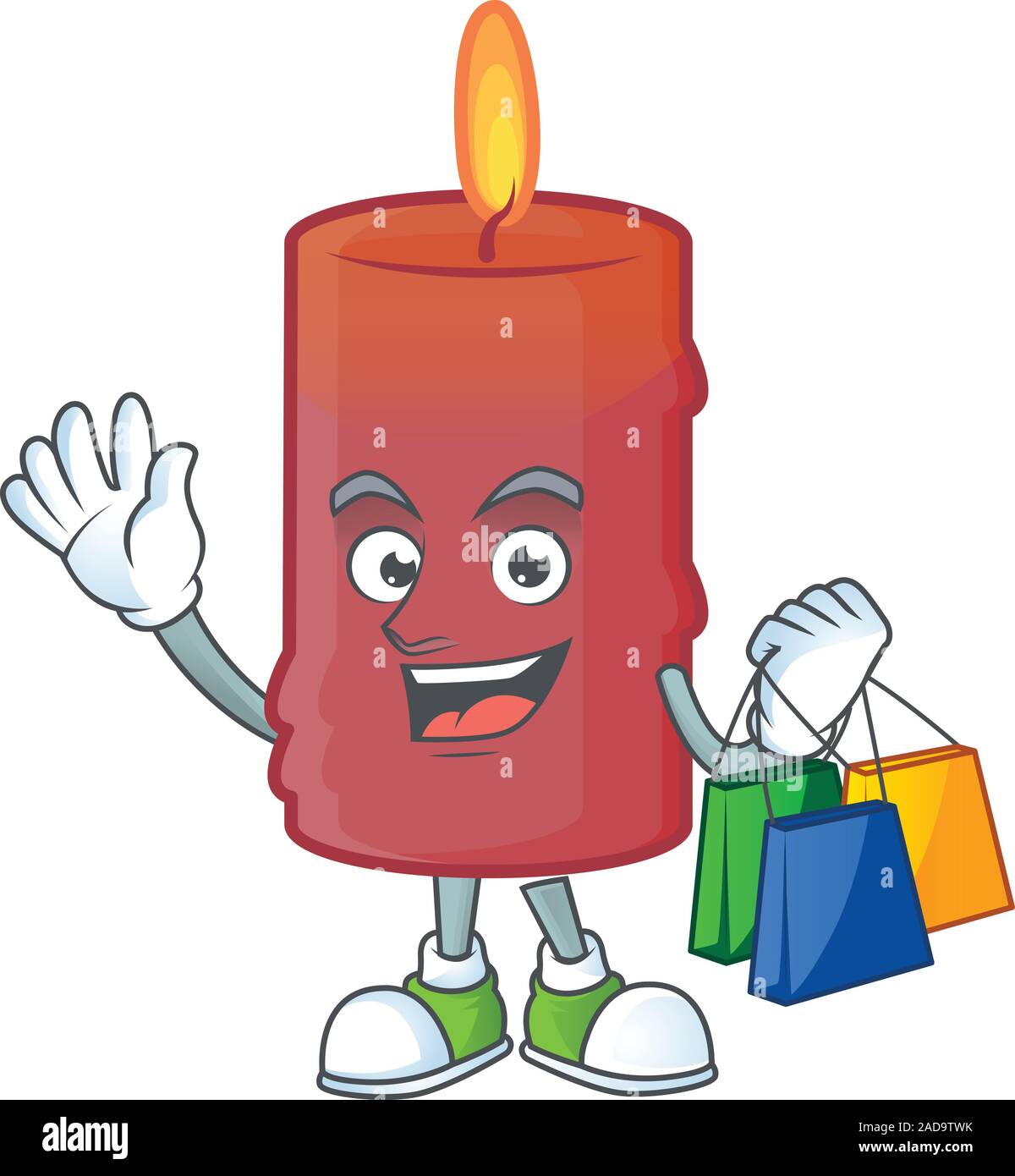 Cheerful red candle cartoon character waving and holding Shopping bags ...