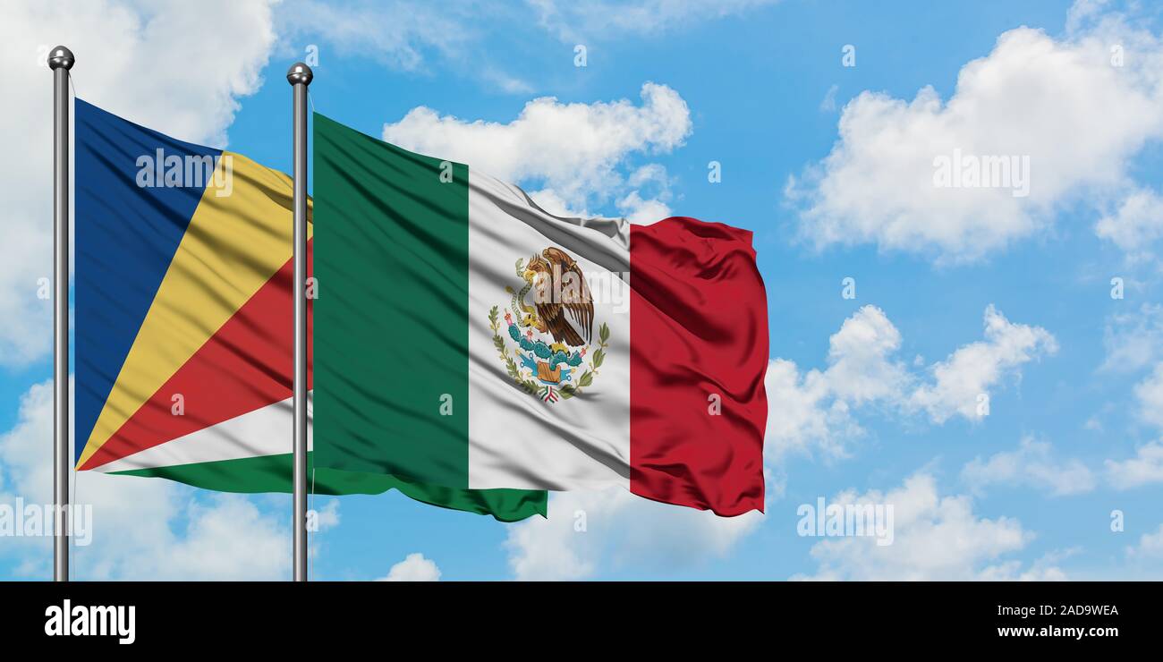 Seychelles and Mexico flag waving in the wind against white cloudy blue ...