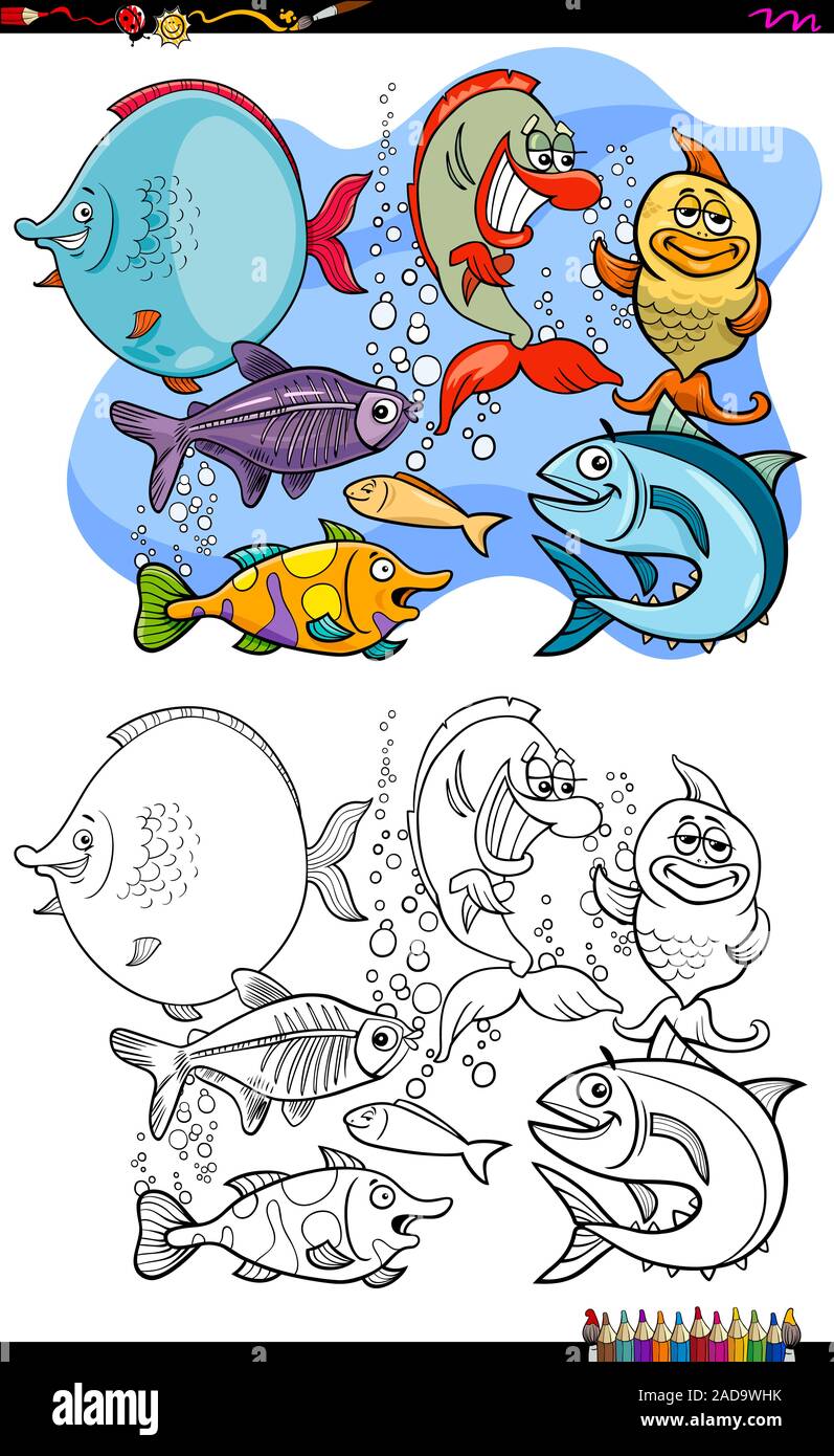 happy fish animal characters group color book Stock Photo - Alamy