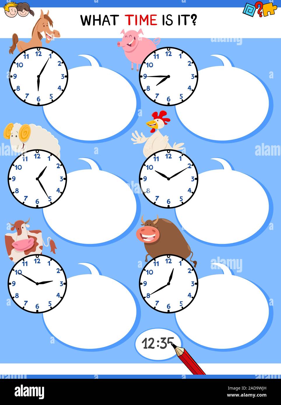 telling time educational task with farm animals Stock Photo - Alamy