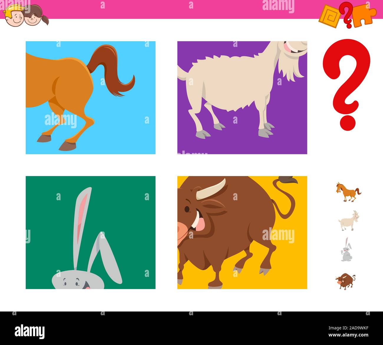guess cartoon farm animals task for children Stock Photo - Alamy